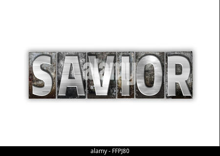 The word "SAVIOR" written in vintage, dirty metal letterpress type on a ...