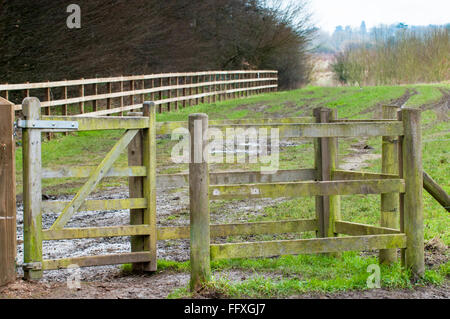 Open gate to a muddy countryside path Stock Photo - Alamy