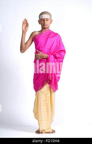 Indian hindu bald boy wearing sacred thread red tilak white ash shavite ...