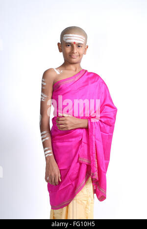 Indian hindu bald boy wearing sacred thread red tilak white ash shavite ...