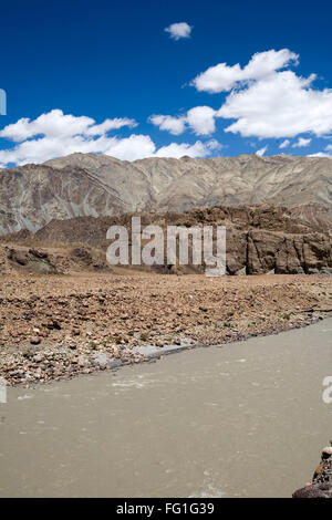 Muddy water of river Indus flowing in barren cold desert landscape of ...