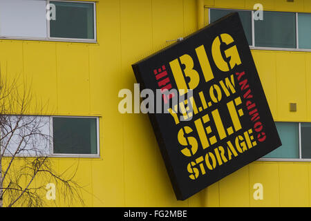 The Big Yellow Self Storage company brand logo sign on a warehouse ...
