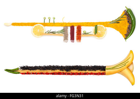 A colourful photo of the trumpet made of fruits, vegetables and spices ...