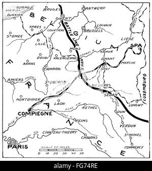 WORLD WAR I: BELGIUM, 1918. /nMap showing the zone of war operations in ...