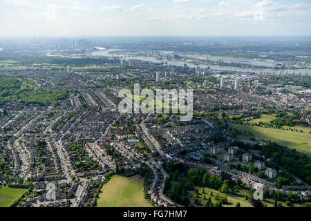 An aerial view of the areas of Woolwich and Shooters Hill, South London ...