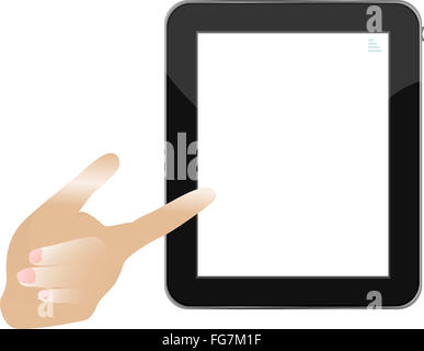 Hands holding tablet over digital interface screen with icons, charts ...