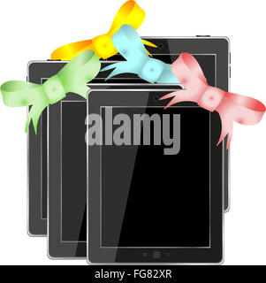 Tablet pc set with ribbons and bow isolated on a white background Stock ...