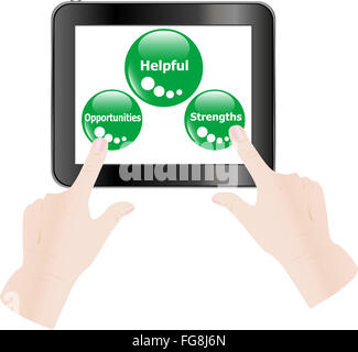 Hands holding tablet over digital interface screen with icons, charts ...