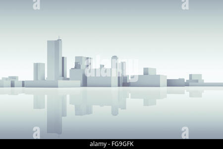 Abstract modern cityscape skyline. Blue toned 3d render with glossy ...