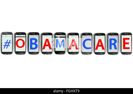 The hashtag #ObamaCare written on smartphone screens photographed ...