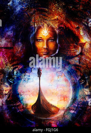 Viking Boat on the beach, and lion head, collage painting on canvas ...