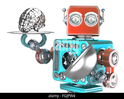 Robot with tray and human brain. Artificial Intelligence concept. Isolated. Contains clipping ...