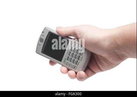 smart phone with qwerty keyboard in hand isolated on white background ...