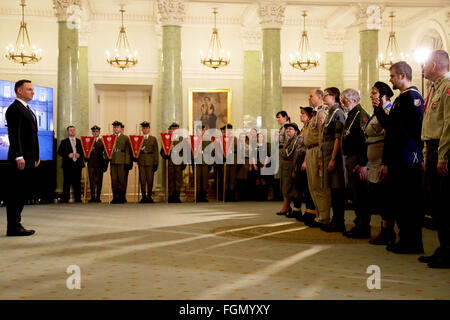 Warsaw, Poland. 21st Feb, 2016. Polish President Andrzej Duda starts a ...
