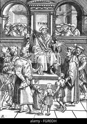 justice, courtroom scenes, court hearing, woodcut, 16th century, 16th ...
