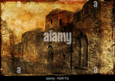 UK, Cumbria, Workington, Ruins of Workington Hall, with barred entrance ...