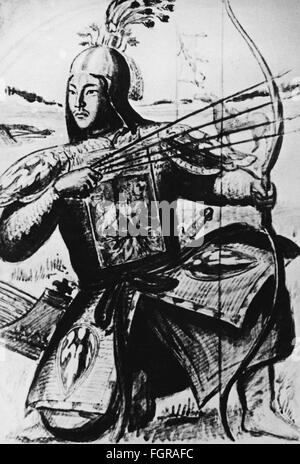literature,Mongolia,epic of Jangar,hero Minshaian,wood engraving by ...