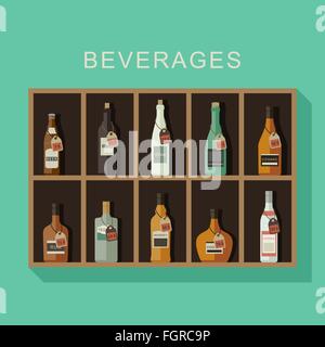 Alcoholic beverages, strong drink label set. Bottle, rum, cognac ...