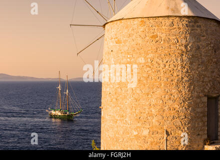 A boat heading towards Hydra harbour through the Gulf of Hydra ...