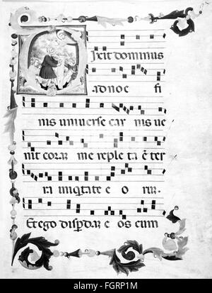 music, notes, neume, page from a missal with four-line neume, detail ...