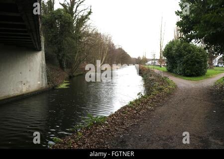 The Basingstoke Canal at Woking, Surrey, drained ready for repair works ...