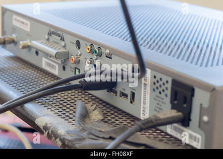 The rear of a Verizon Fios set top box, showing the various ports and ...