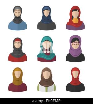 Beautiful muslim woman icons set female portrait in hijab vector ...
