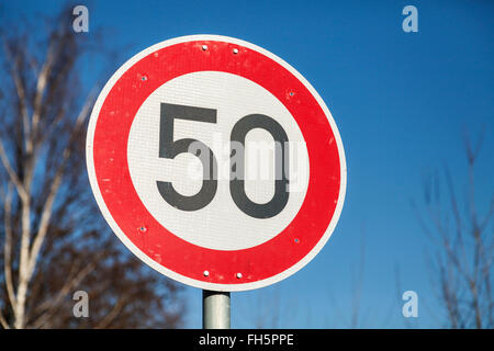 Traffic sign, speed limit of 50 km/h, illustration, 3D visualisation ...