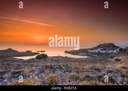 Sunrise Over Lindos Bay Rhodes Greek Islands Hellas Stock Photo - Alamy