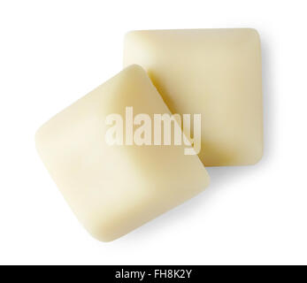 Top view of pieces of chocolate bar with chocolate chips on rustic ...