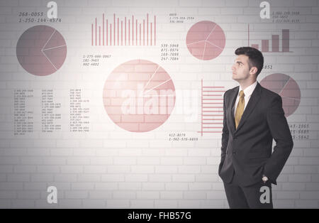 Pie charts and numbers on wall with salesman Stock Photo - Alamy