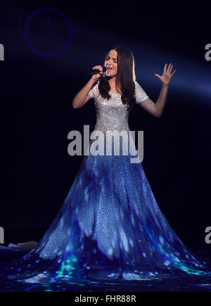 Cologne, Germany. 25th Feb, 2016. Singer Laura Pinski competes for the ...