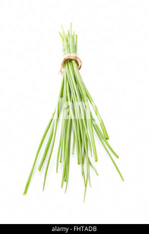 Fresh organic chive bunch bound with brown natural string on the table ...