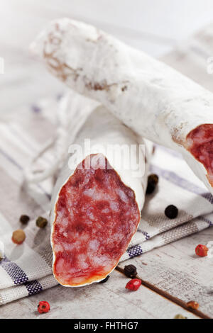 Chorizo sausage thin cut. Spanish salami with spices, paprika, pepper ...