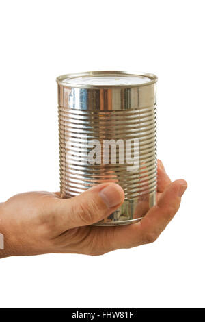 Food can in hand isolated on white background Stock Photo - Alamy