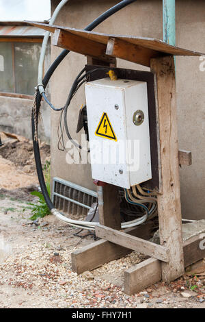 Electric utility transformer and temporary meter at construction site ...