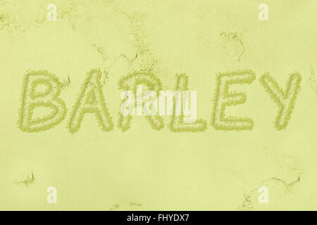 Green food supplement. Word barley written in green ground powder, top ...