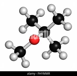 Methyl tert-butyl ether (MTBE, tBME) gasoline additive molecule. Blue ...