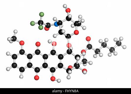 Valrubicin bladder cancer drug molecule Atoms are represented as ...