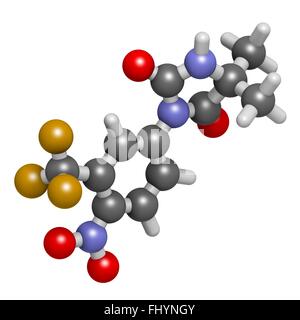 Nilutamide prostate cancer drug molecule (antiandrogen) Atoms are ...
