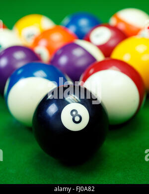 Closeup of a billiard or pool ball number 8. On a green background like ...