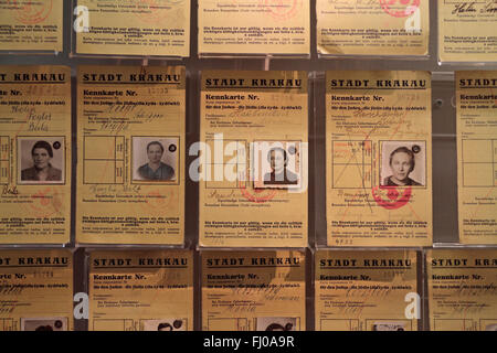 Display showing Jewish identity cards from the Krakow ghetto Poland ...
