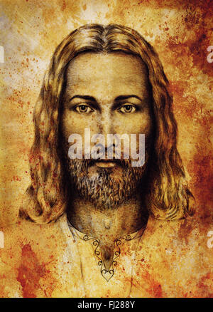 Pencils drawing of Jesus on vintage paper and color structure. Eye ...
