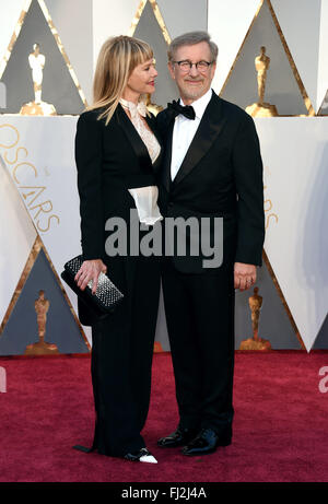 Kate Capshaw, left, and Steven Spielberg arrive at the Oscars on Sunday ...