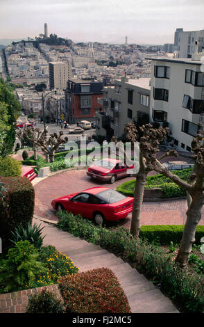 Cars winding down Lombard Street in San Francisco, California in summer ...