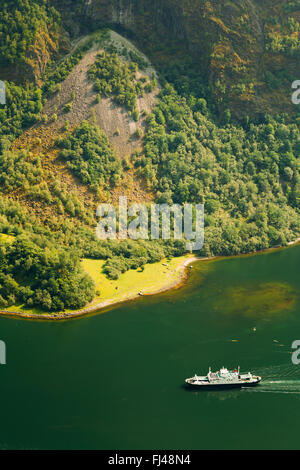 by boat between mountains on the Sognefjord in Laerdal, Norway Stock ...