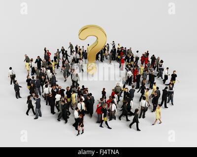 3d characters around a golden question mark Stock Photo - Alamy
