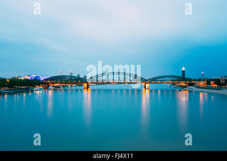 Night View Of Hohenzollern Arch Bridge Over River Rhine, Germany ...