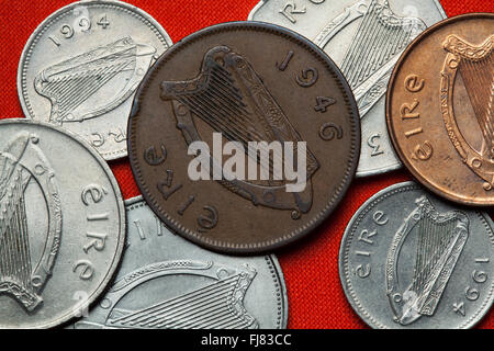 Coins of Ireland. Celtic harp depicted in the Irish pound coins Stock ...