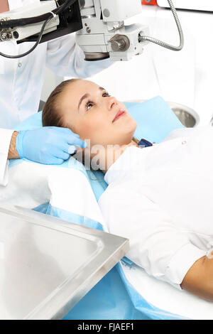 Eye examination. Computer aided visual acuity. The patient during an ...